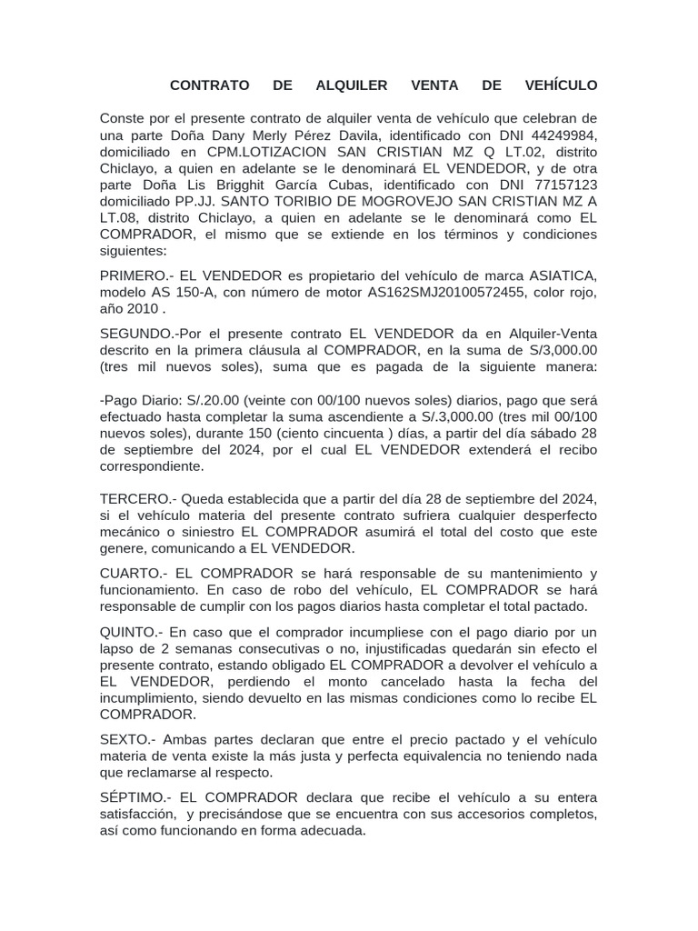 Contrato de Alquiler Venta de Vehículo | PDF | Negocios | Derecho