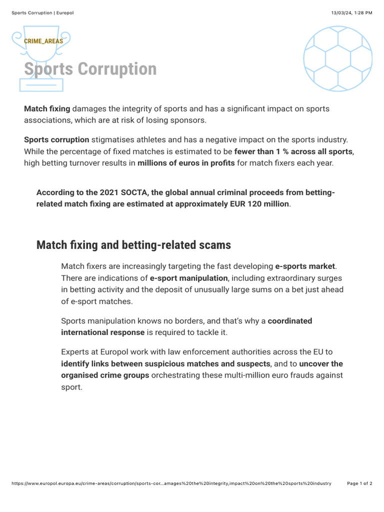 Sports Corruption - Europol | PDF