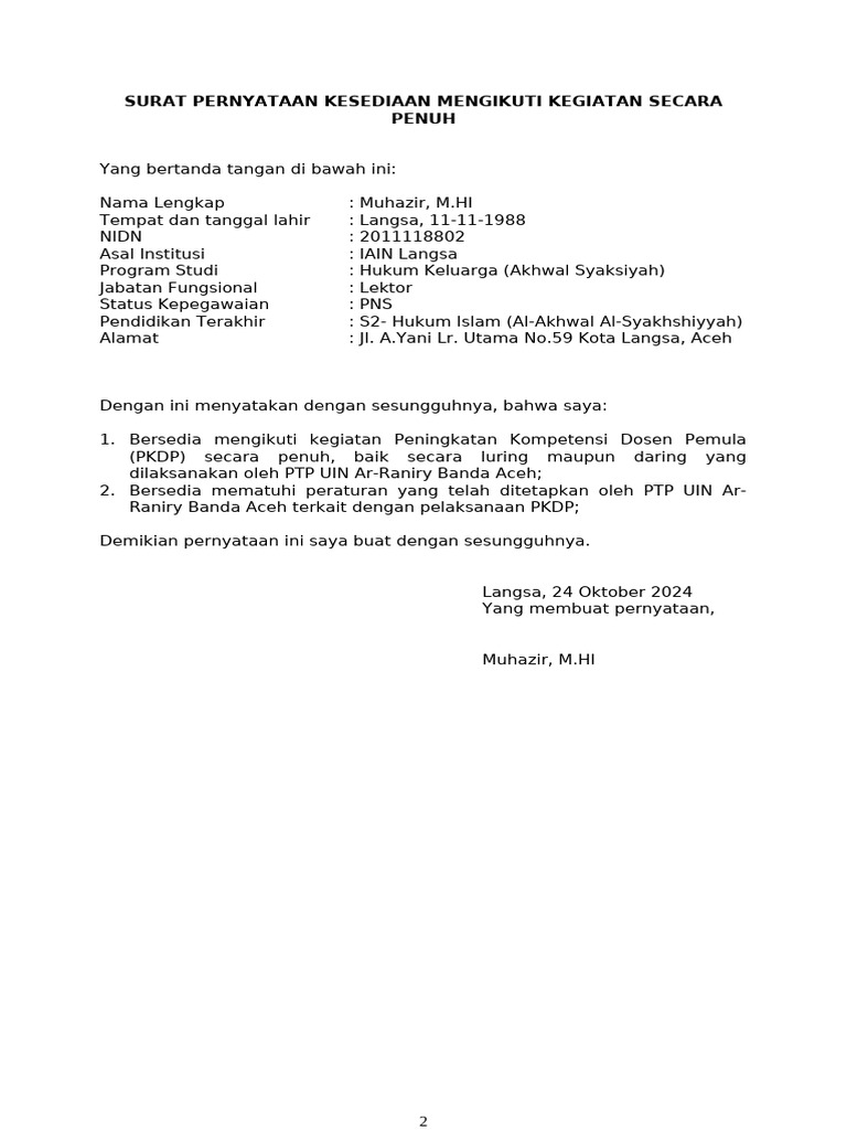 Surat Pernyataan Peserta PKDP | PDF