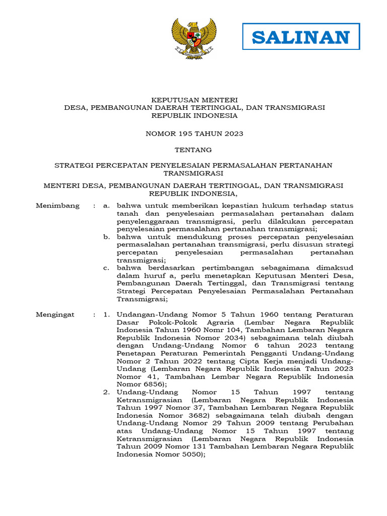 Salinan Keputusan Menteri Desa, PDT, Dan Transmigrasi Nomor 195 Tahun 2023 Tentang Strategi ...