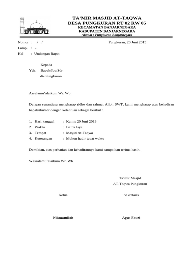 Undangan Rapat Ta'mir Masjid | PDF