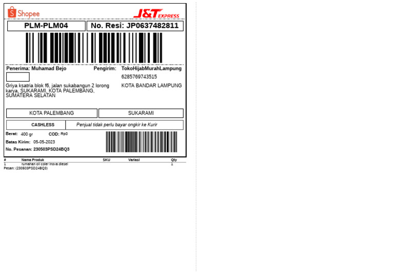 Label Kirim Paket TokoHijabMurahLampung | PDF