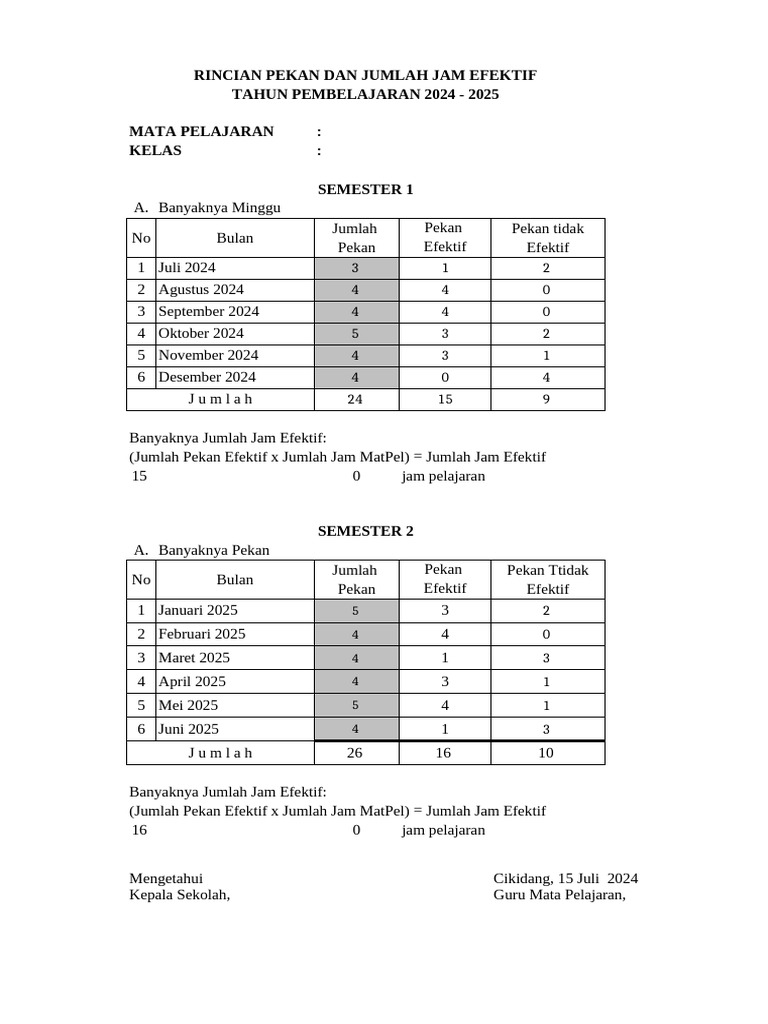 RINCIAN PEKAN DAN JAM EFEKTIF 2024-2025 Eninur | PDF