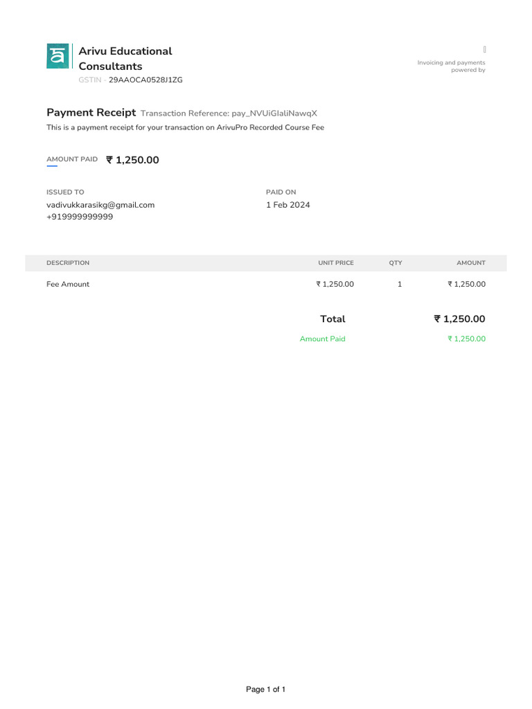 ArivuPro Course Fee Payment Receipt | PDF