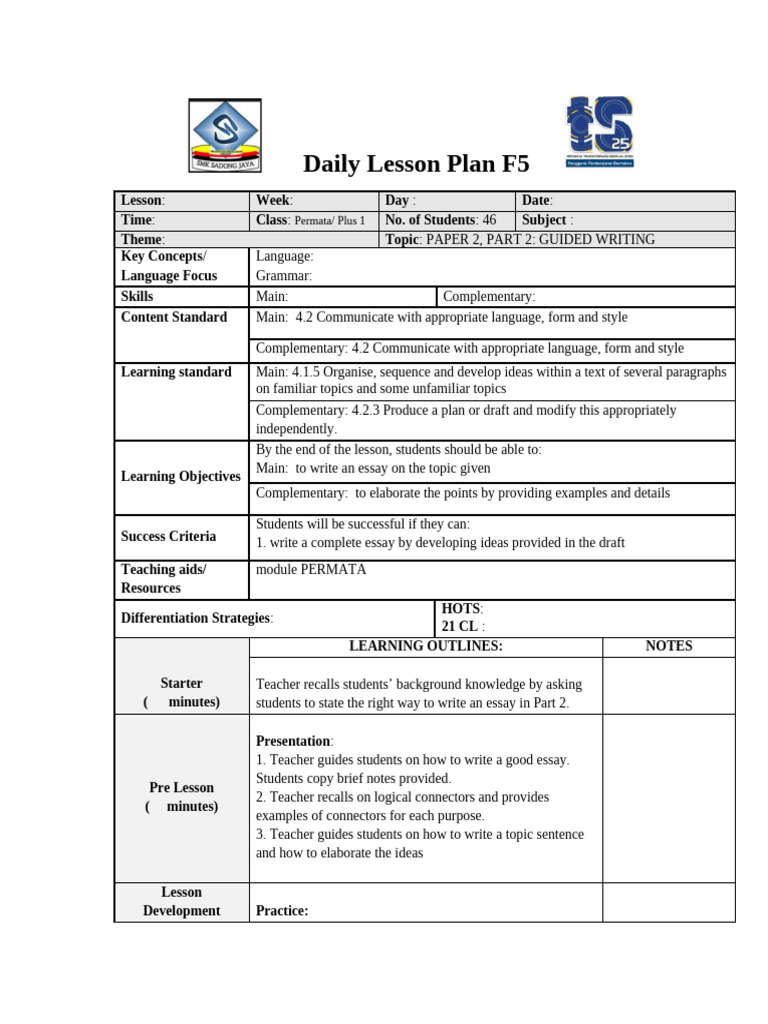 Daily Lesson Plan F5: 30 Tuesday 0710-1010 English Language Science and ...