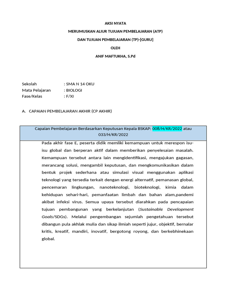 Penjabaran CP Menjadi TP Dan ATP (ANIF) | PDF