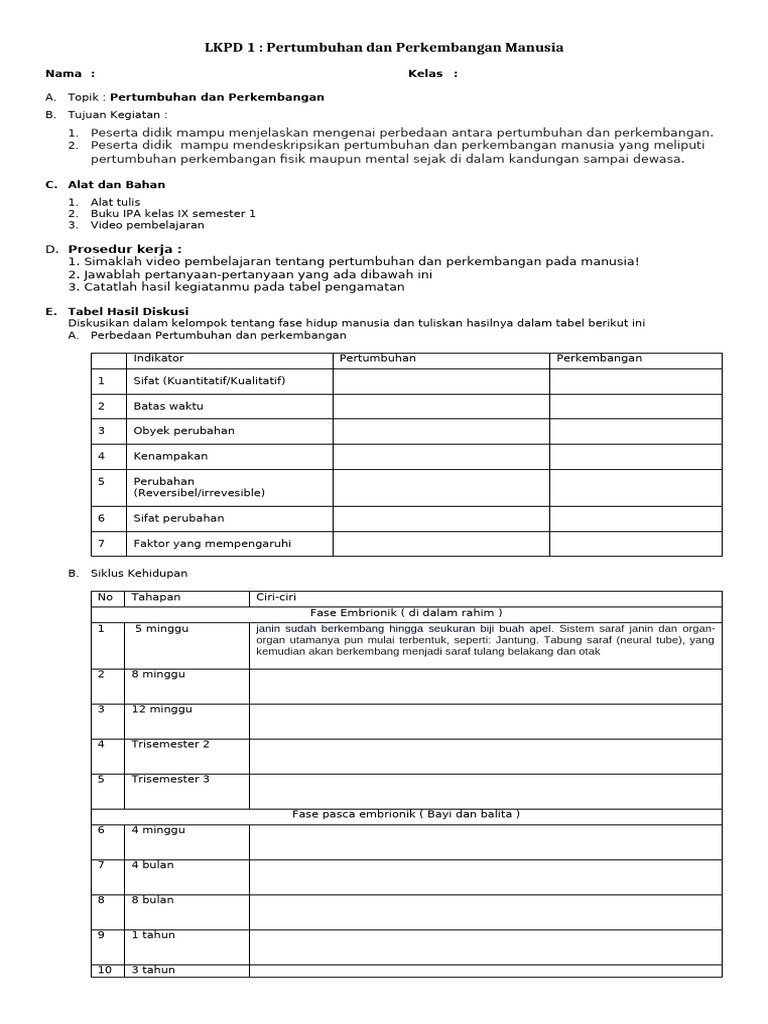 LKPD Pertumbuhan dan Perkembangan Manusia | PDF