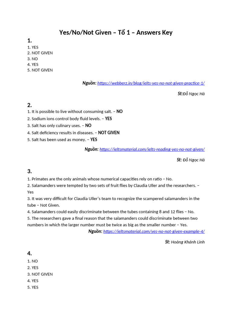 Yes-No-Not Given Tổ 1 Key | PDF