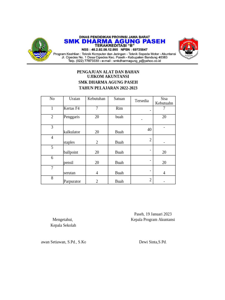 Pengajuan Alat Dan Bahan Ujikom 2023 | PDF