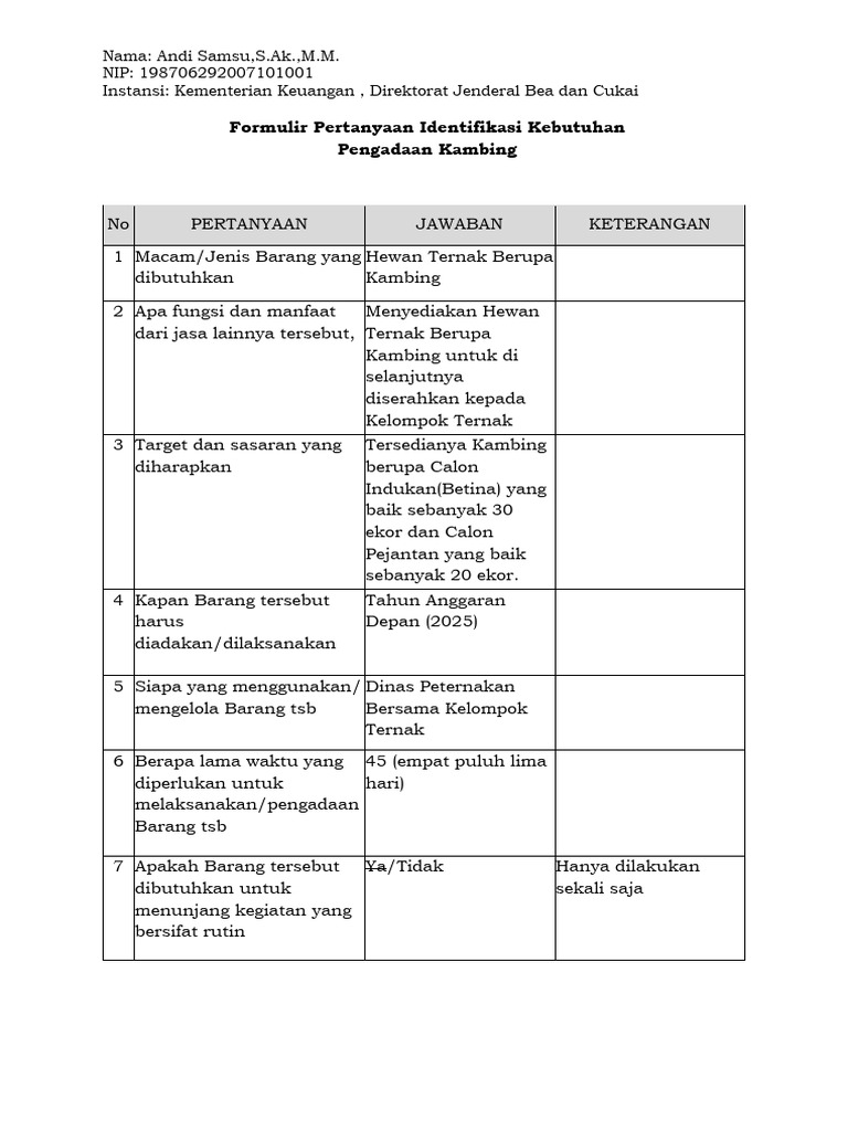 Andi Samsu - Lampiran 1 - Form Identifikasi Kebutuhan Pengadaan Kambing | PDF