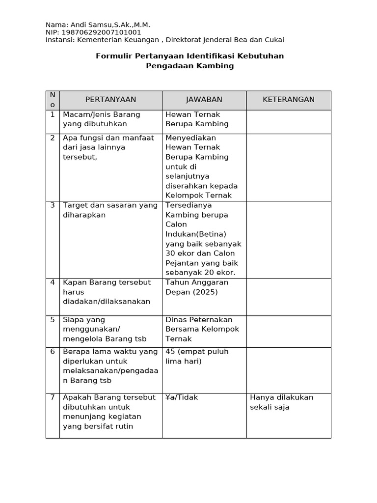 Andi Samsu - Lampiran 1 - Form Identifikasi Kebutuhan Pengadaan Kambing | PDF