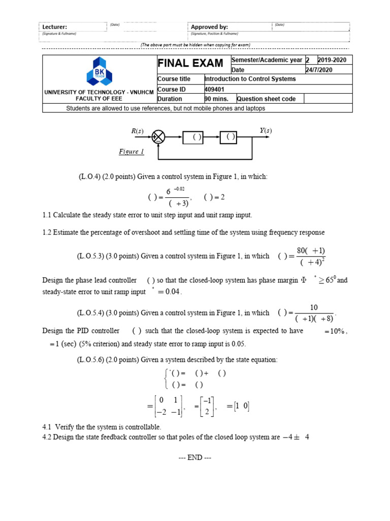 IntroCtrlSys - Final Exam - 2nd Semester - 1920 - Solution | PDF | Signal Processing | Computer ...