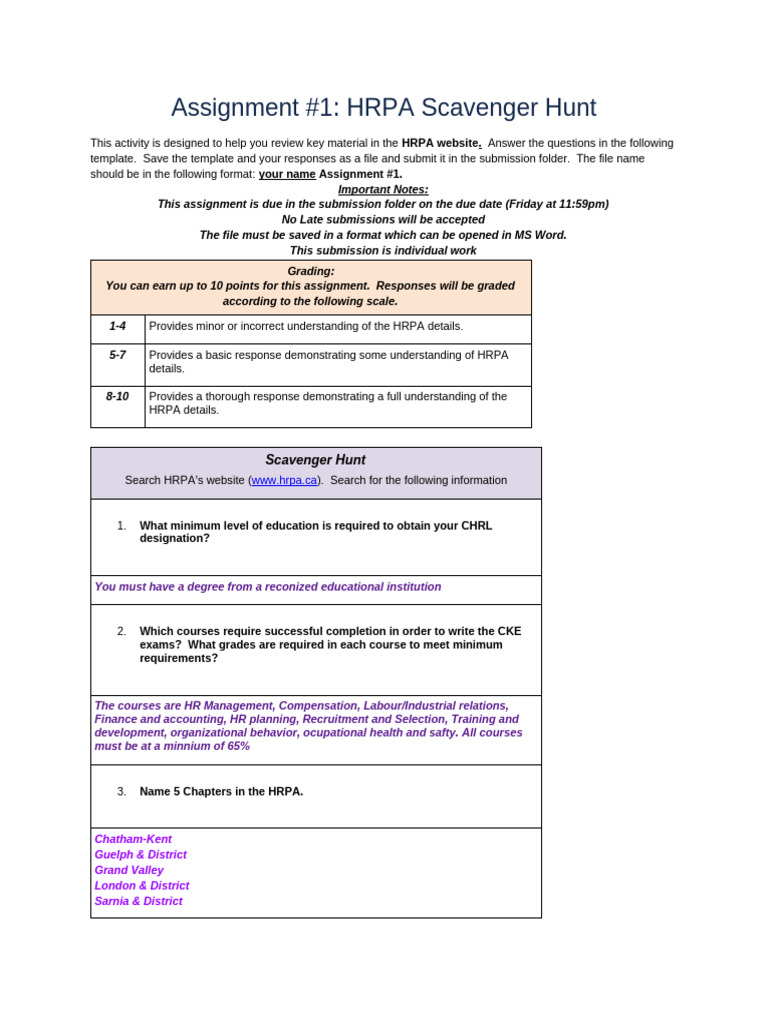 Assignment #1 - HRPA Scavenger Hunt | PDF