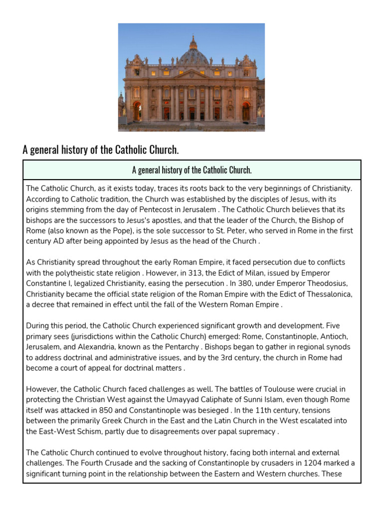 Catholic Church History Overview | PDF | Catholic Church | Early ...