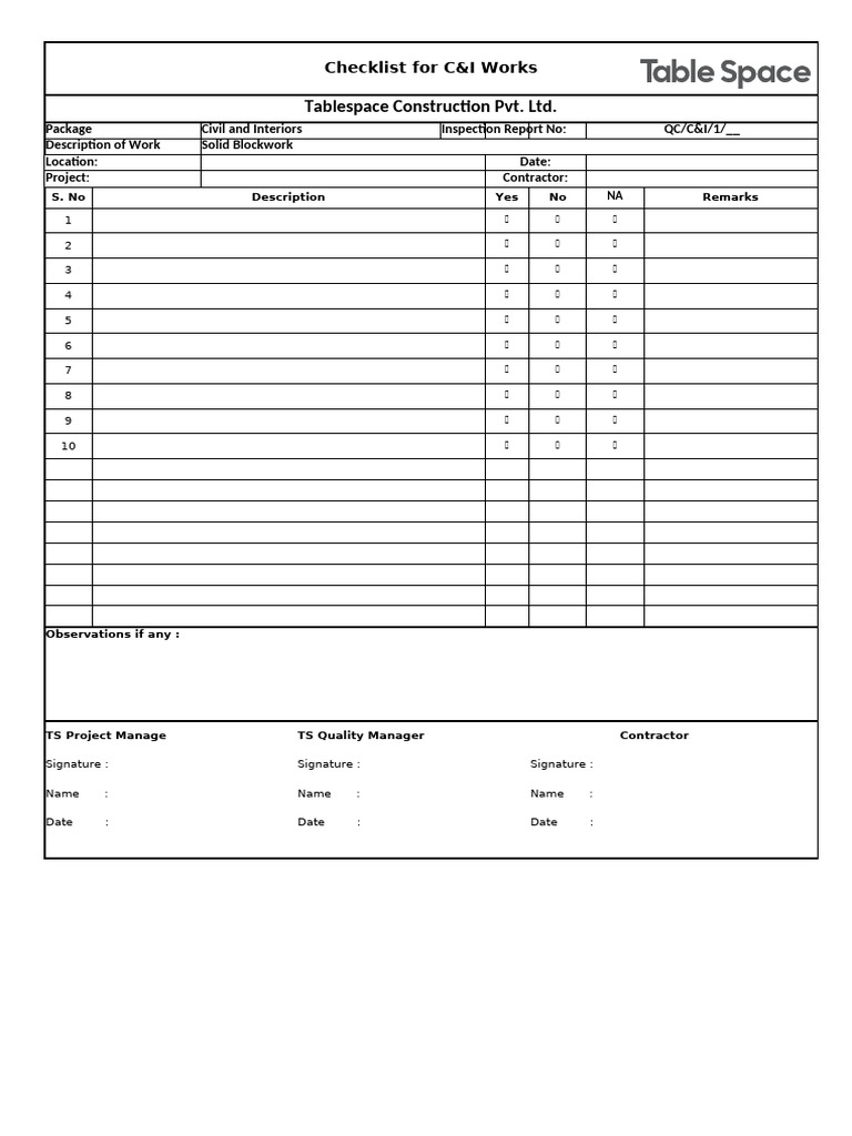 TS C&I Checklist | PDF | Door | Tile