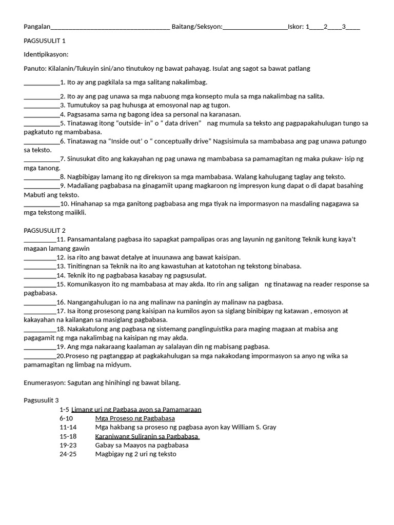 Mahabang Pagsusulit Sa Pagbasa at Pagsusuri | PDF