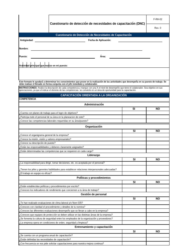 F-RH-02 Cuestionario de Detección de Necesidades de Capacitación (DNC ... F-RH-02 Cuestionario de Detección de Necesidades de Capacitación (DNC ...
