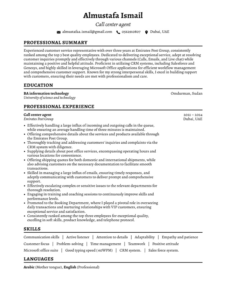 Almustafa CSR Cv | PDF | Call Centre | Customer Relationship Management