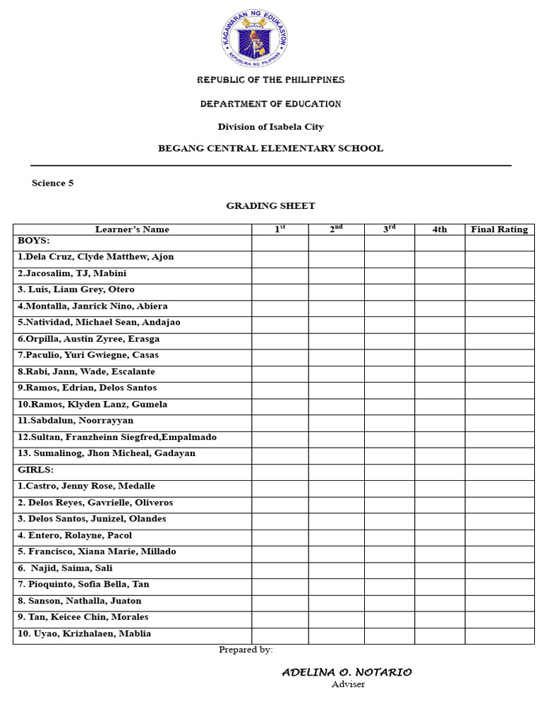 Grade 5 Science Grading Sheet | PDF