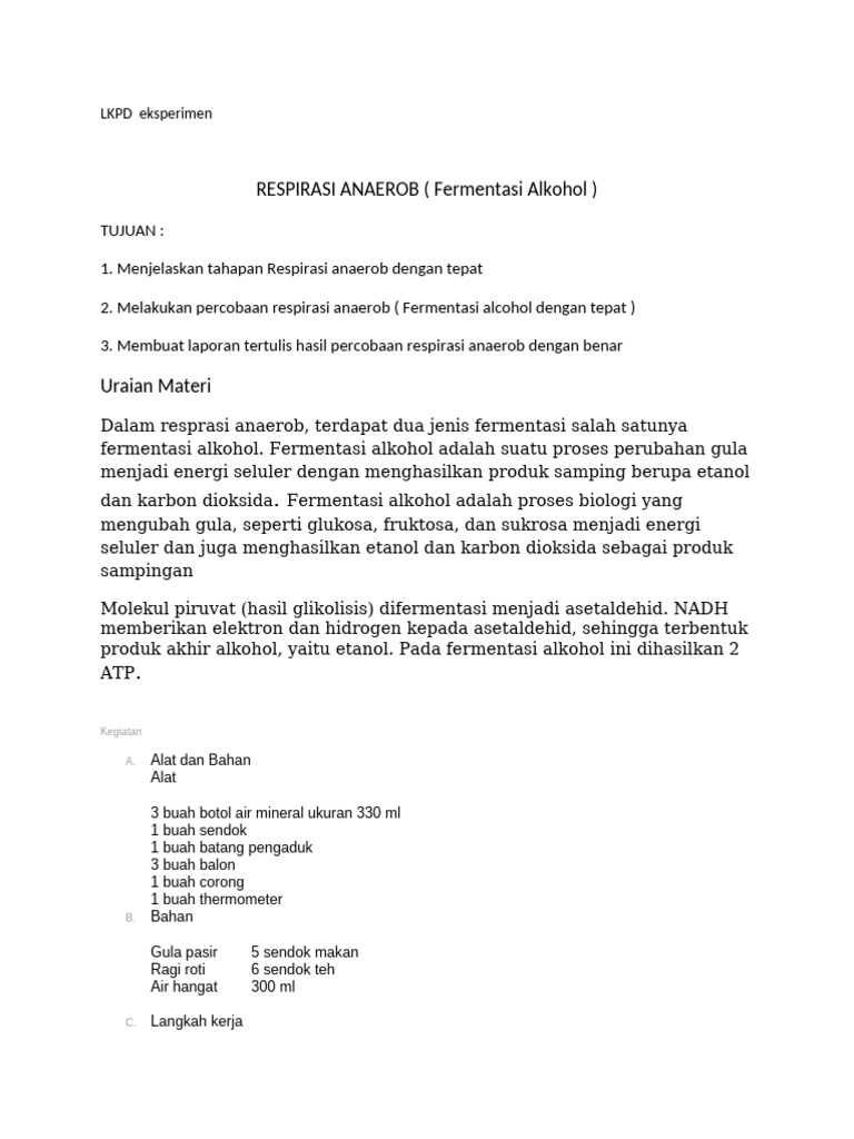 RESPIRASI ANAEROB (Fermentasi Alkohol) : LKPD Eksperimen | PDF