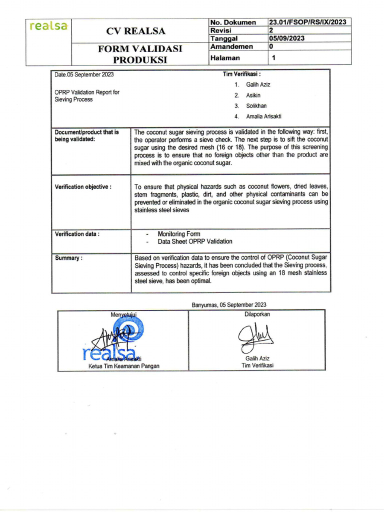Validation Report Sieving Process | PDF