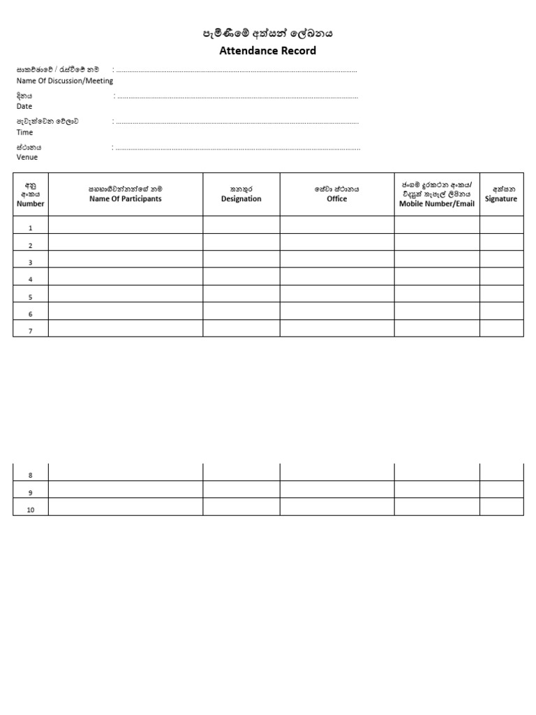 Attendance Record: Number Name of Participants Designation Office ...