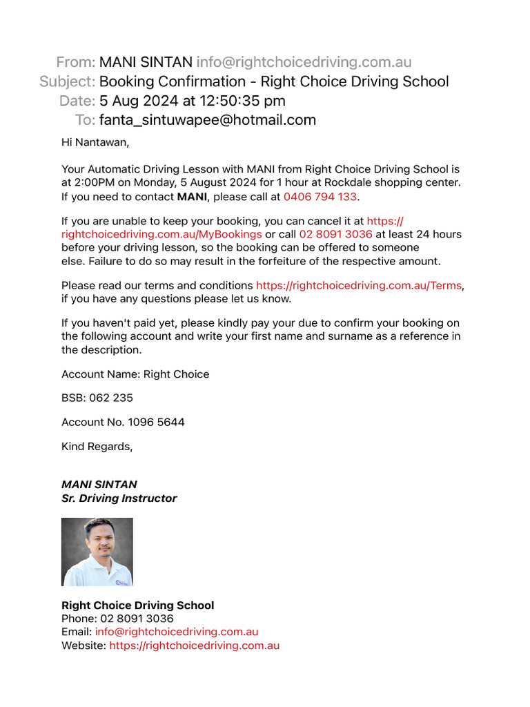 Booking Confirmation - Right Choice Driving School | PDF | Career ...