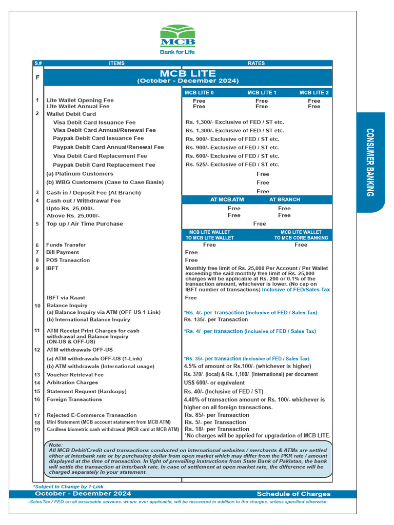 MCB Lite Banking Fees Overview 2024 | PDF | Debit Card | Automated ...