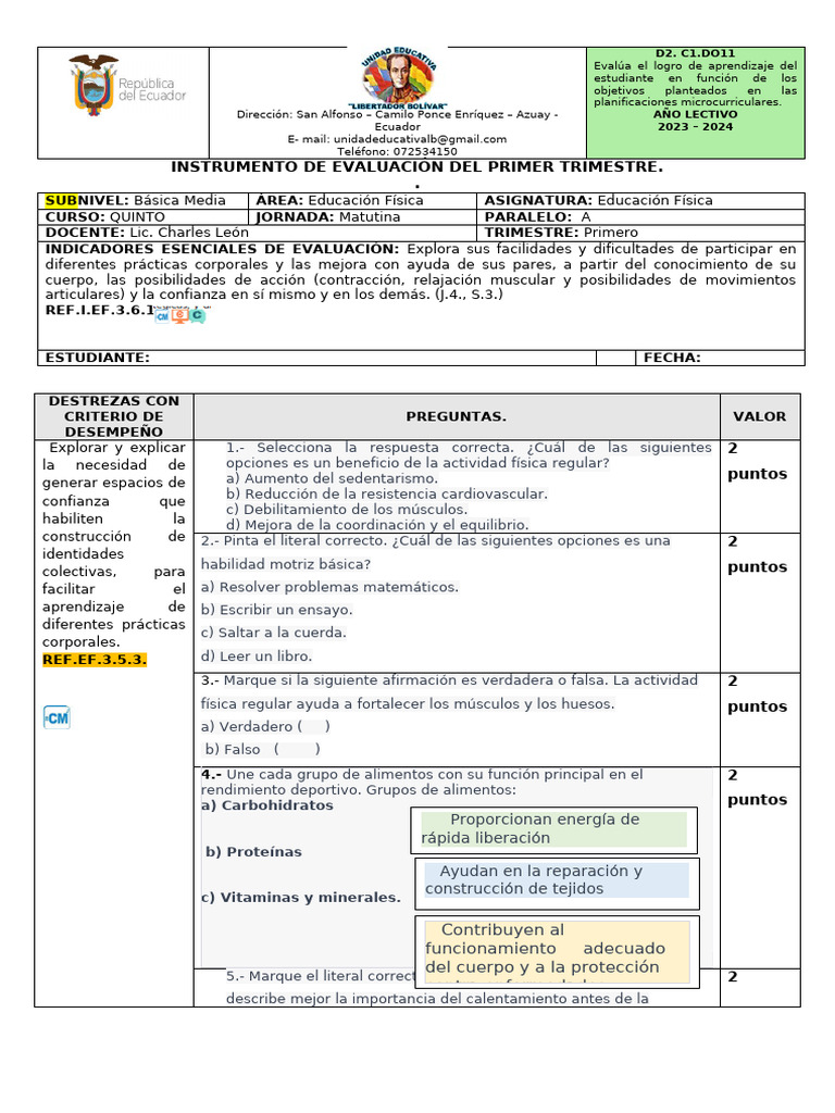 Formato de Evaluación Trimestral Quinto | PDF | Evaluación | Alimentos