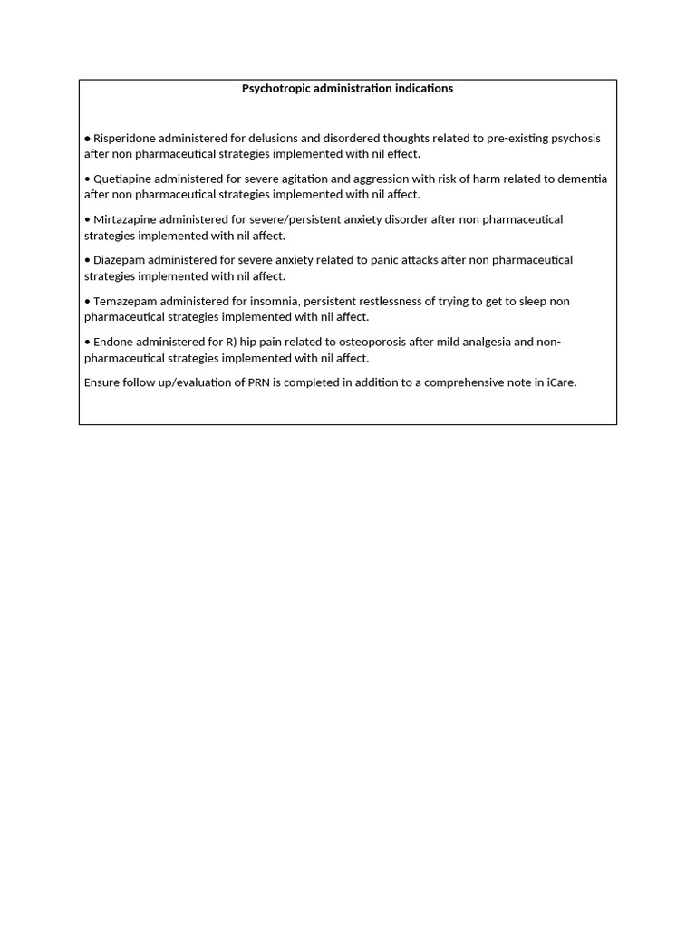 Psychotropic Administration Indications Template | PDF