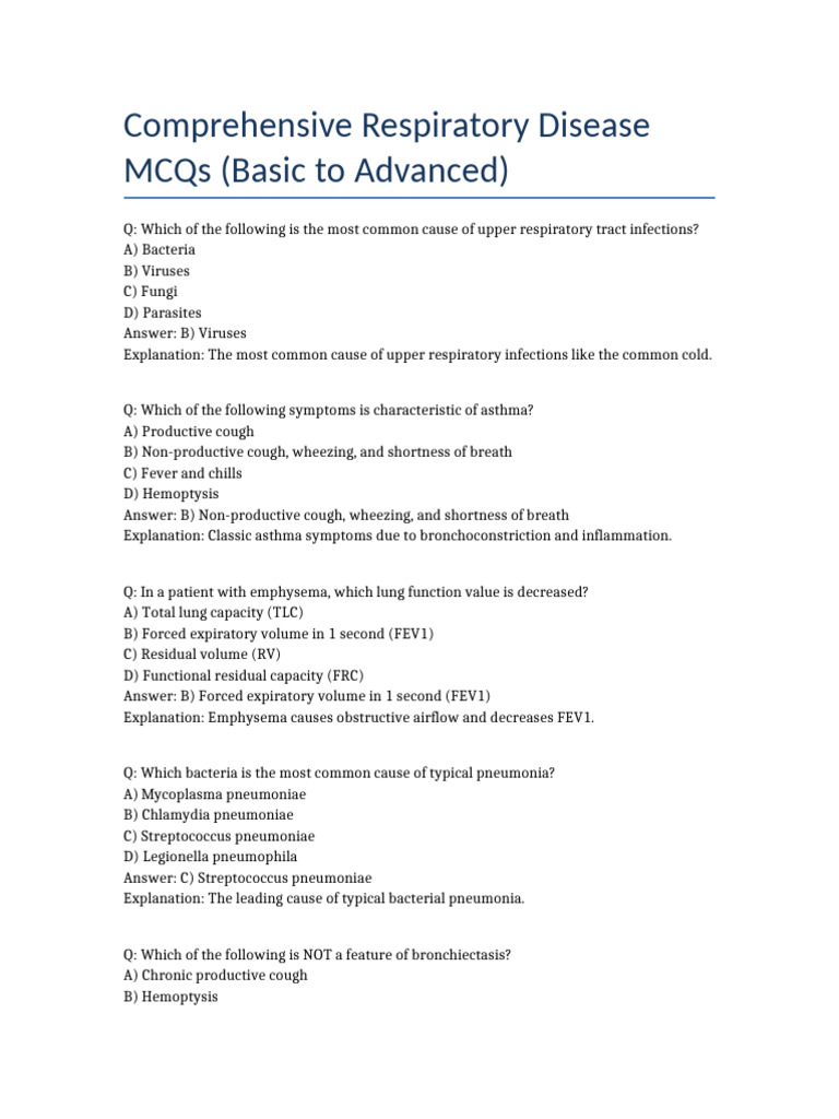 Complete_Respiratory_Diseases_MCQs | PDF | Respiratory Diseases | Pneumonia
