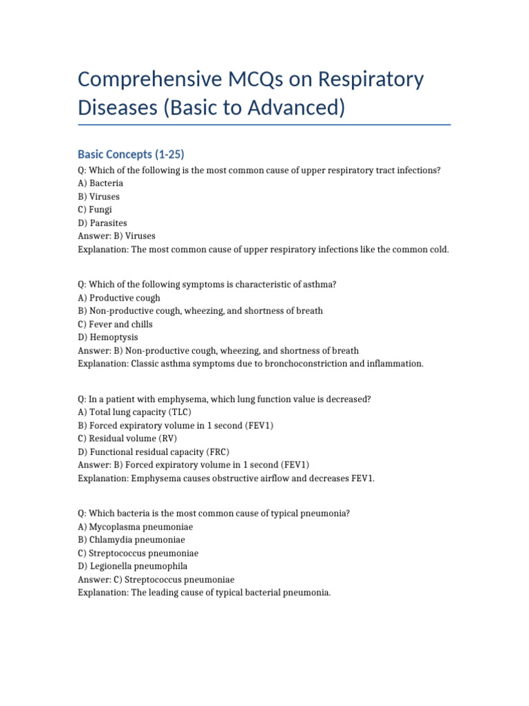Respiratory_Diseases_MCQs | PDF | Pneumonia | Respiratory Diseases Respiratory_Diseases_MCQs | PDF | Pneumonia | Respiratory Diseases
