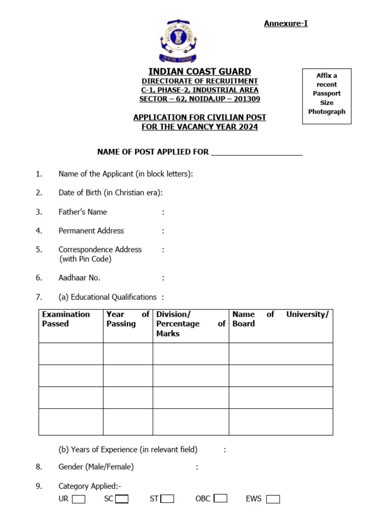 Coast Guard HQ Civilian Recruitment 2024 Application Form 1 | PDF