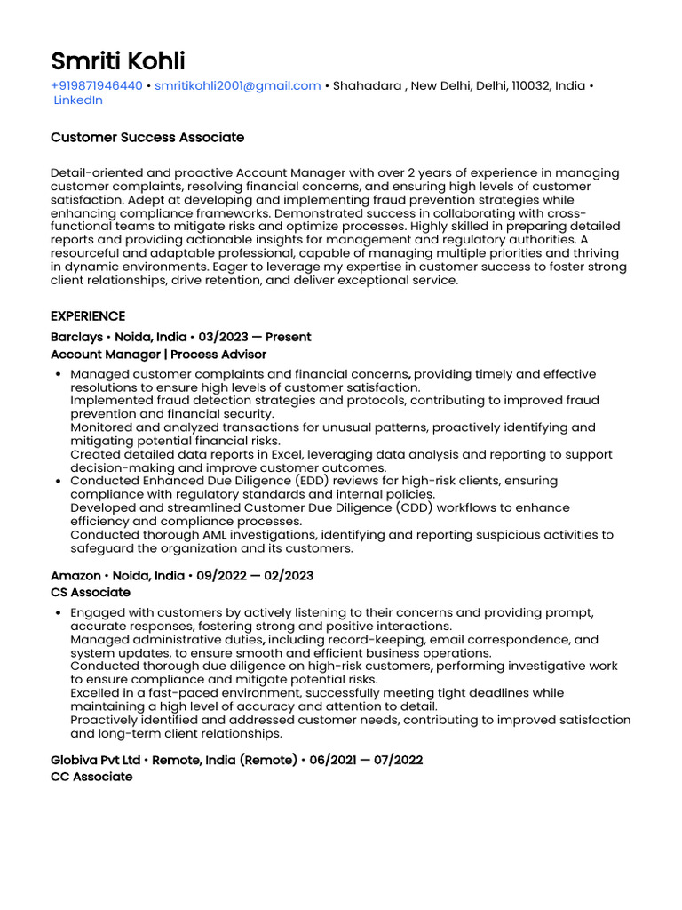 Smriti resume new | PDF | Regulatory Compliance | Due Diligence