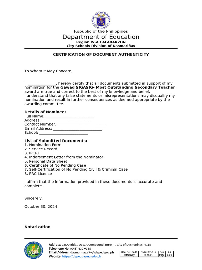 Certification of Document Authenticity | PDF