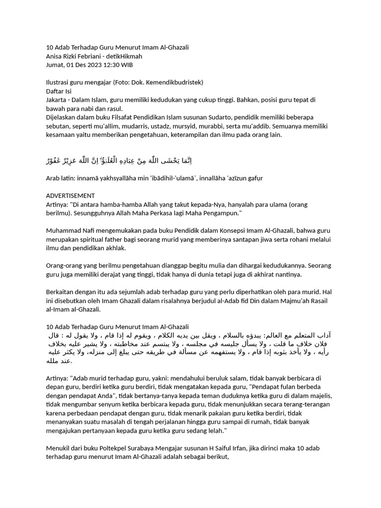 10 Adab Terhadap Guru Menurut Imam Al Ghazali | PDF
