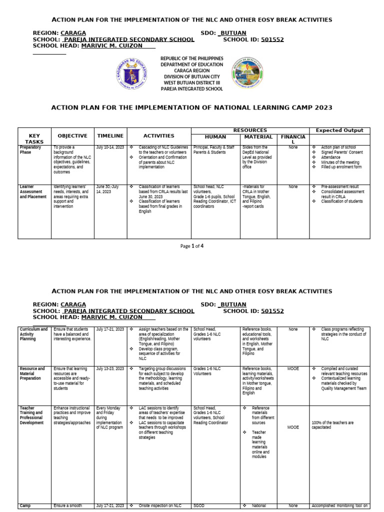 Action Plan PAREJA - IS NLC 2023 | PDF | Teachers | Schools