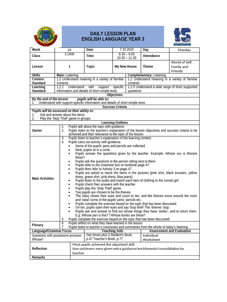 Year 3 English Lesson Plan: My New House | PDF | Lesson Plan | Teachers