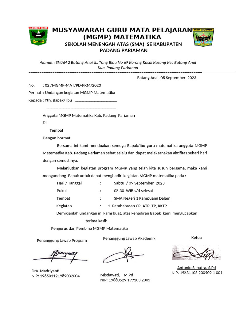 Undangan MGMP Matematika SMA Padang Pariaman | PDF | Karier ...