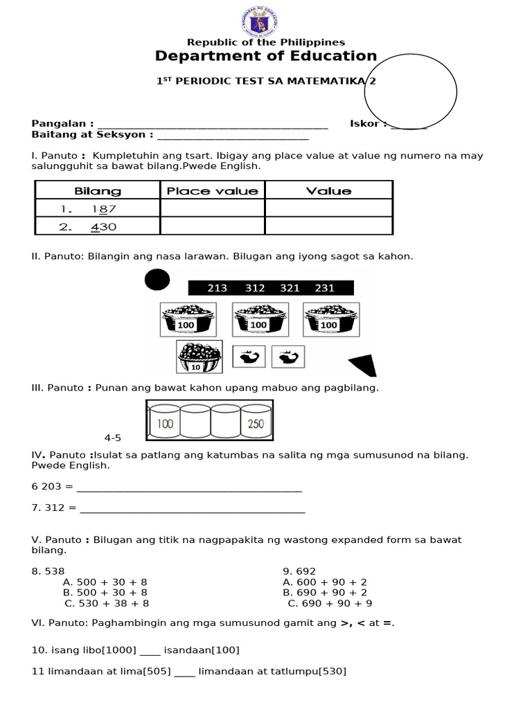 Math-1st Periodic Test Finnal | PDF