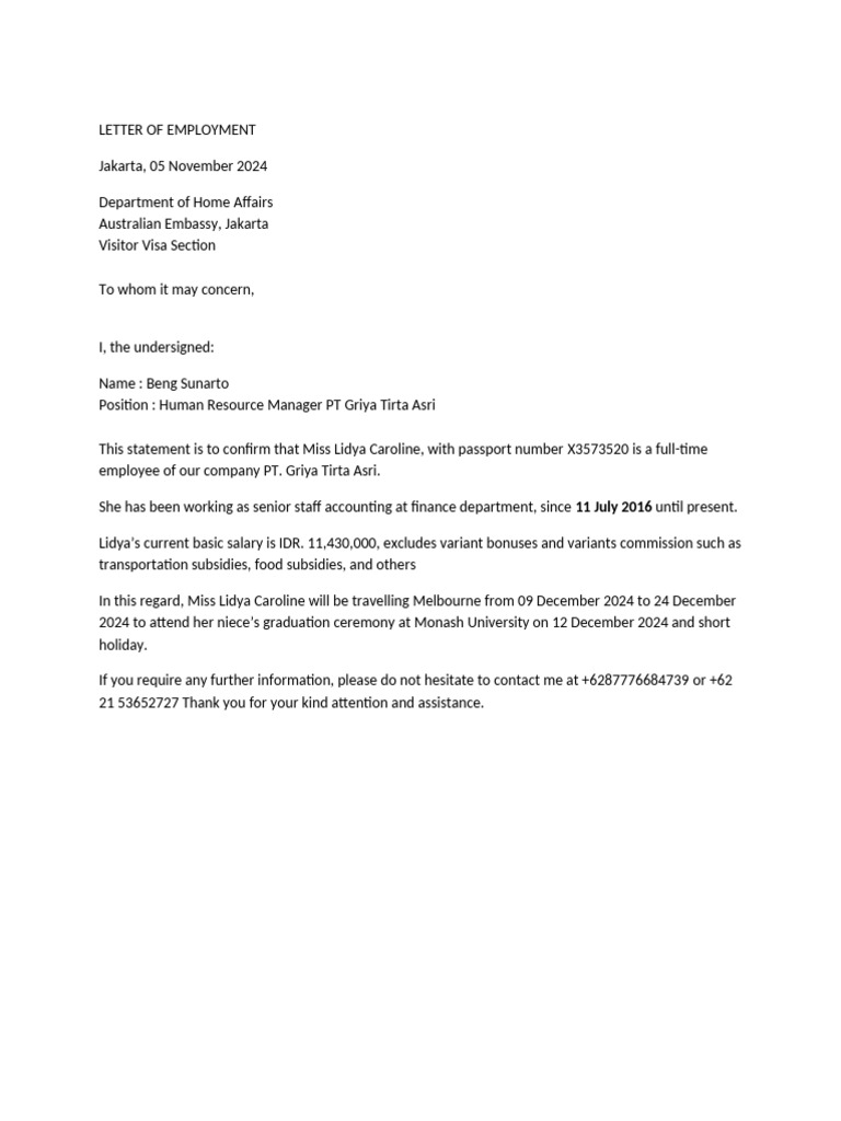 Employment Verification for Visa Application | PDF | Career & Growth ...