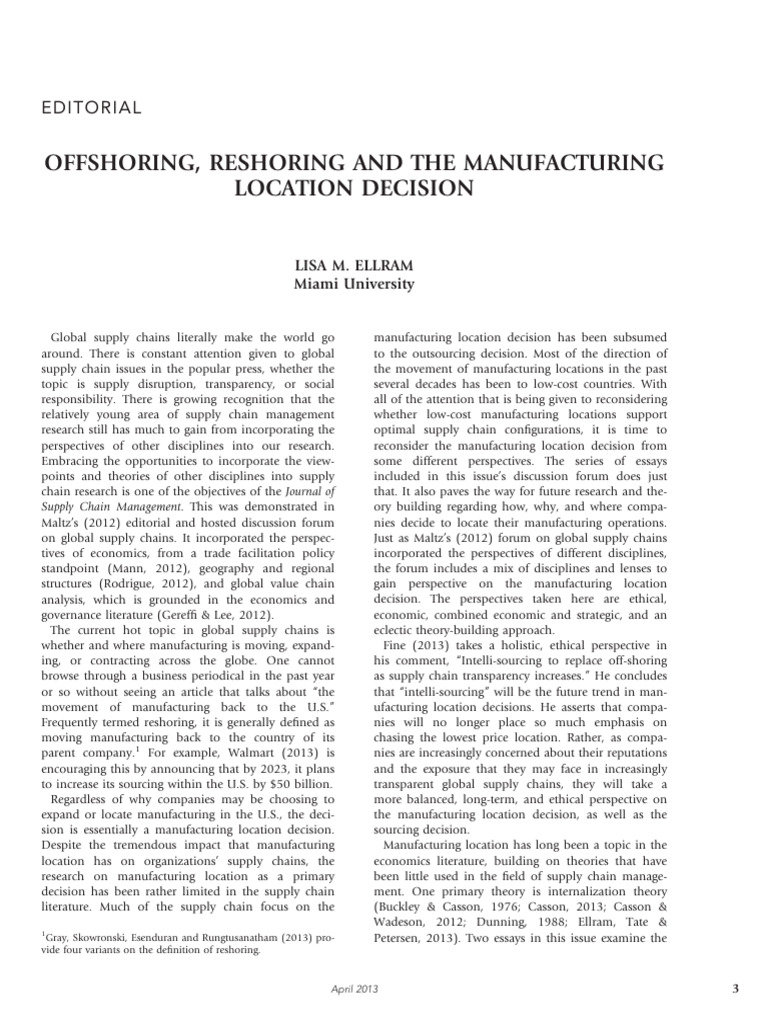 J Supply Chain Manag - 2013 - Ellram - Offshoring Reshoring and The Manufacturing Location ...