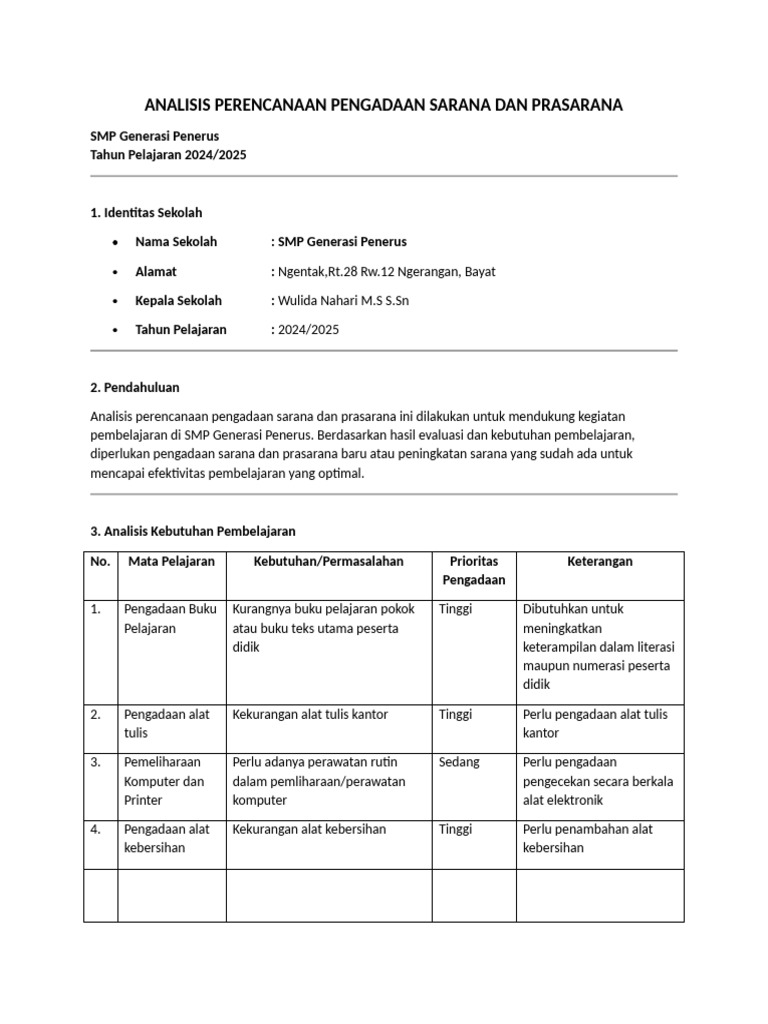 8.1 Analisis Sarpras Berdasarkan Kebutuhan Belajar | PDF