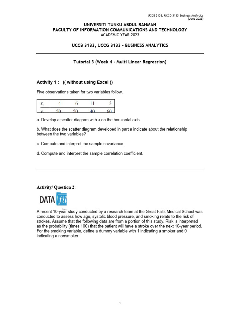 Tutorial 03 WK 4 - Multi Linear Regression | PDF | Regression Analysis | Linear Regression