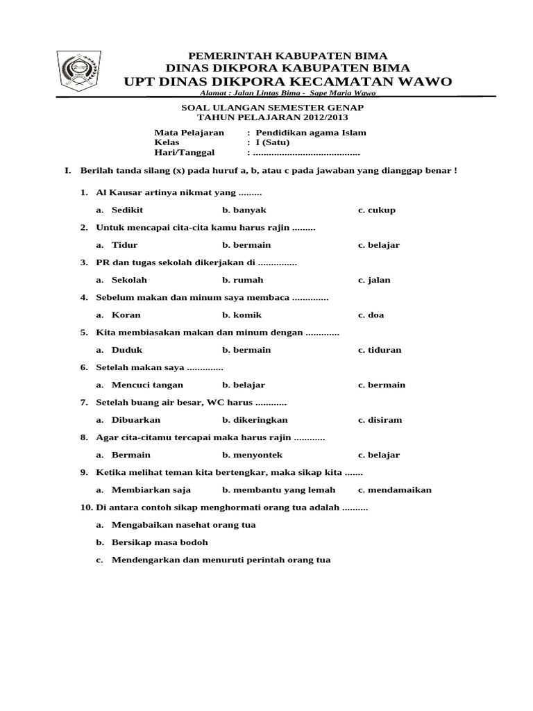 Contoh Soal Agama Islam SD I - II Genap 13 | PDF | Olahraga & Rekreasi | Griya & Taman
