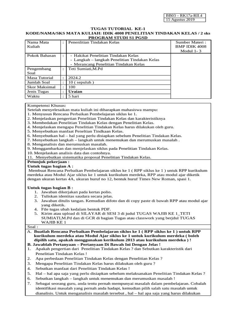 Soal Tugas Wajib Ke 1 - Idik 4008 - PTK | PDF | Seni | Bisnis