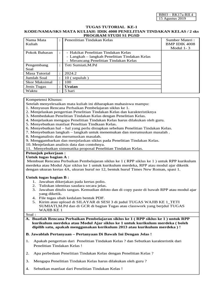 Soal Tugas Wajib Ke 1 - Idik 4008 - PTK | PDF