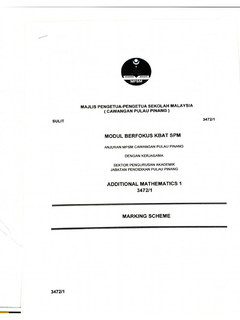 Skema Jawapan ADD MATH K1 SPM Trial Paper 2019 - Penang | PDF