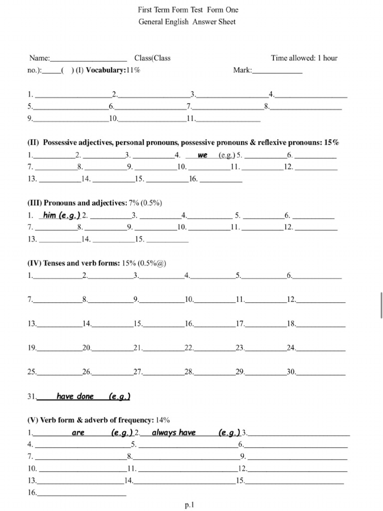 First Term Form Test S1 General English Ans sheet | PDF