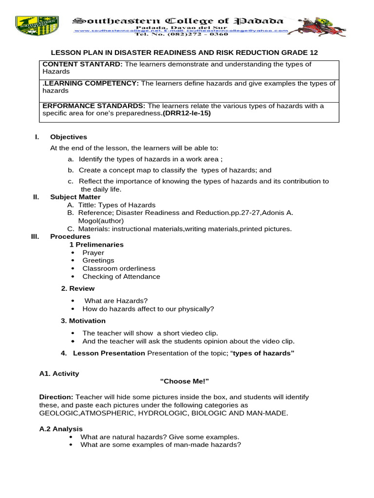 Grade 12 Disaster Readiness Lesson Plan | PDF | Hazards | Lesson Plan